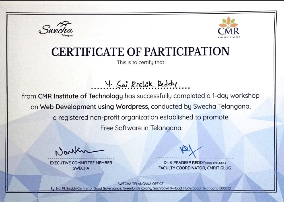 Swecha - Web development using Wordpress certified